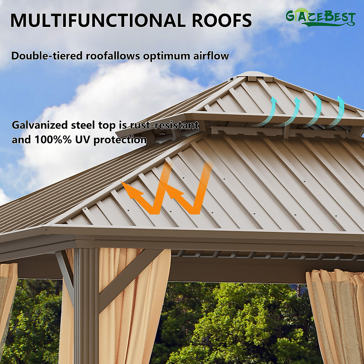 GAZEBEST 10x10 ft Hardtop Gazebo Outdoor Aluminum Patio Gazebo Double Roof Galvanized Steel Canopy with Netting and Curtains,for Garden, Backyard,Deck and Lawns