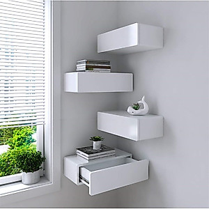 Pennisetum Wall Mounted Floating Shelves Shelf with Drawers Bracket Storage Rack White Woody Drawer Storage Bedroom Dresser Nightstand Multifunction Simple Modern, Home Decoration