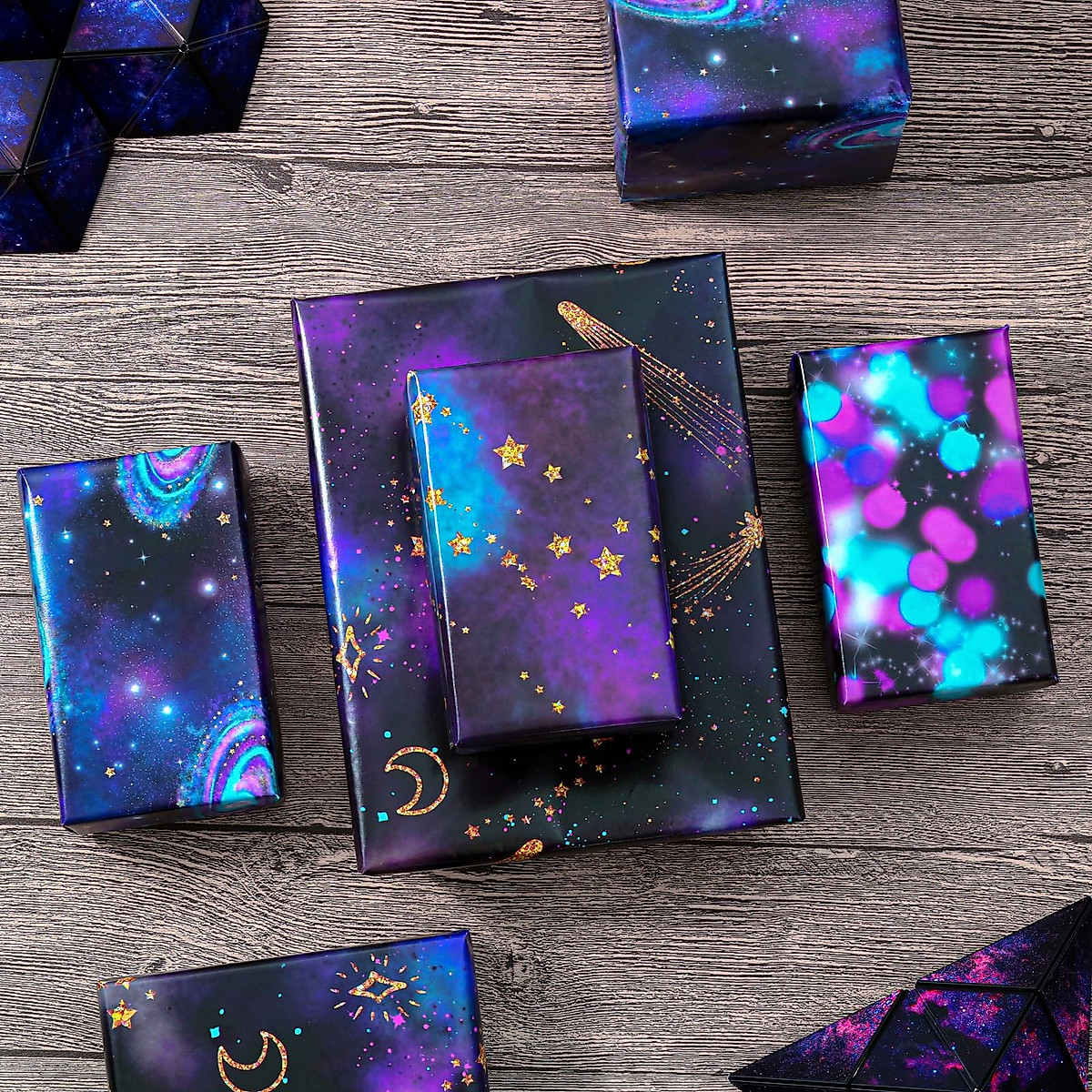 Dtiafu Galaxy Wrapping Paper for Girls Boys Women Men - 12 Sheets Space Gift Wrap Paper with Solar System Planet Sparks Meteors Constellations Great for Birthday Baby Shower - 20 x 28 Inches Per Sheet