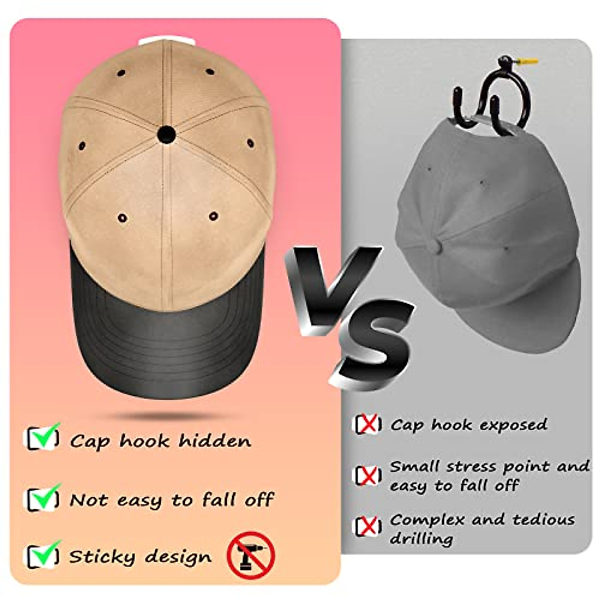 Hat Rack for Wall (14-Pack) - Hat Racks for Baseball Caps, Adhesive Hat Hooks for Wall, No Drilling Hat Organizer Cowboy Hat Holder, Strong Hat Hanger to Display for Door, Closet (Upgrade-White)