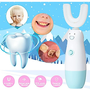 Meqtpomy Kids Electric Toothbrush，6 Cleaning Models Toddler Toothbrush Waterproof Battery Powered 360 Automatic Sonic u Shaped Toothbrushes for 2-7 Years Old for Boys Girls（Blue）