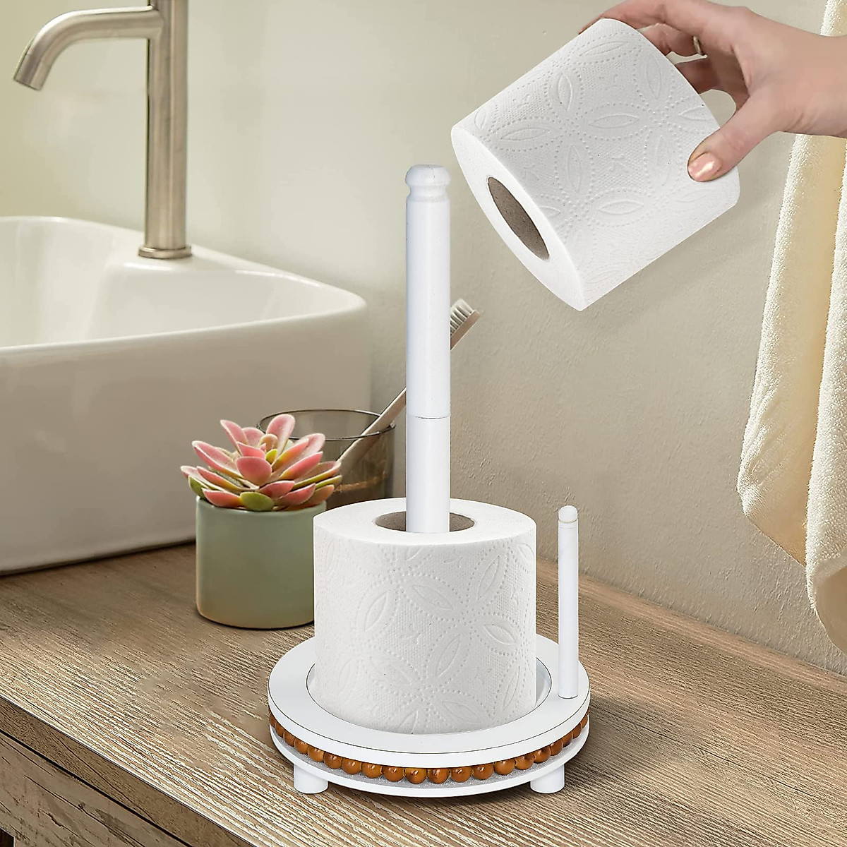 Paper Towel Holder, Paper Towel Holder Countertop with Heavy Duty Wood Base, Paper Towel Holder Stand Fits Standard & Jumbo Rolls, Farmhouse Standing Paper Towel Holders for Kitchen/Dining/Bathroom