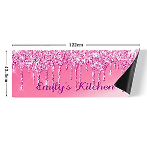 BEYODD Personalized Kitchen Room Mat and Rug, Custom Floor Mat Anti-Slip Rugs for Kitchen, Floor Home, Office, Store, Laundry Hot Pink Dripping Glitter, 48x17 ''
