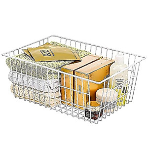 iPEGTOP Deep Refrigerator Freezer Baskets, Large Household Wire Storage Basket Bins Organizer with Handles for Kitchen, Pantry, Freezer, Cabinet, Closets, Pearl White, Set of 5