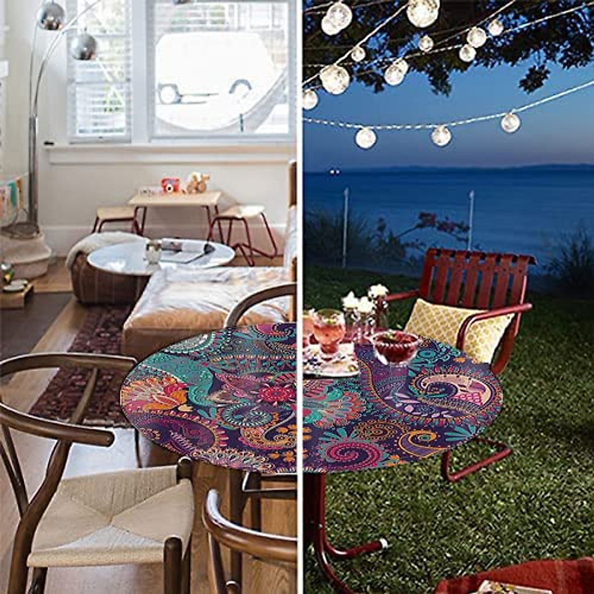 VBTGVE Round Fitted Mandala Bohemiantablecloth, Paisley Purple Floral Boho Colorful, Elastic Edge, for Dining Tables, Buffet Parties and Camping, Fit for 48" Table, Purple 02