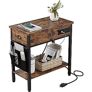End Table with Charging Station, Side Table with USB Ports and Outlets, Narrow End Table Bedside Table with Drawer and Storage Shelf for Living Room, Bedroom, Vintage Color