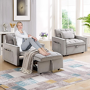 Sleeper Sofa Chair Bed, Convertible Velvet Single Pull Out Sofa Chair, Modern Tufted Living Room Reading Chair with Adjustable Backrest/Pillow for Small Spaces, Apartment, Office, Grey