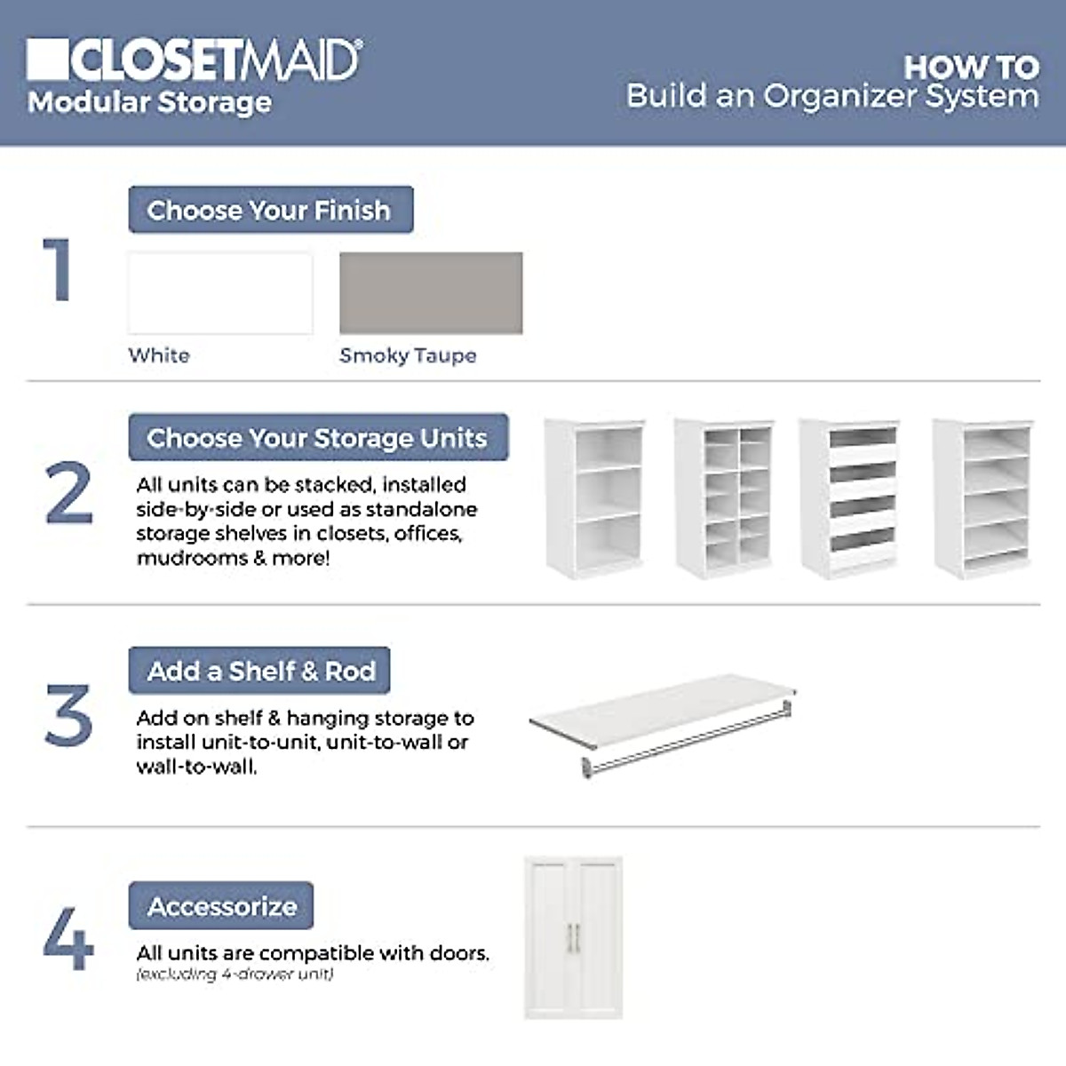 ClosetMaid Modular Storage Unit with 4 Drawers, Wood Closet Organizer, Stacking, Full Backer, Storage, Decorative Trim, White