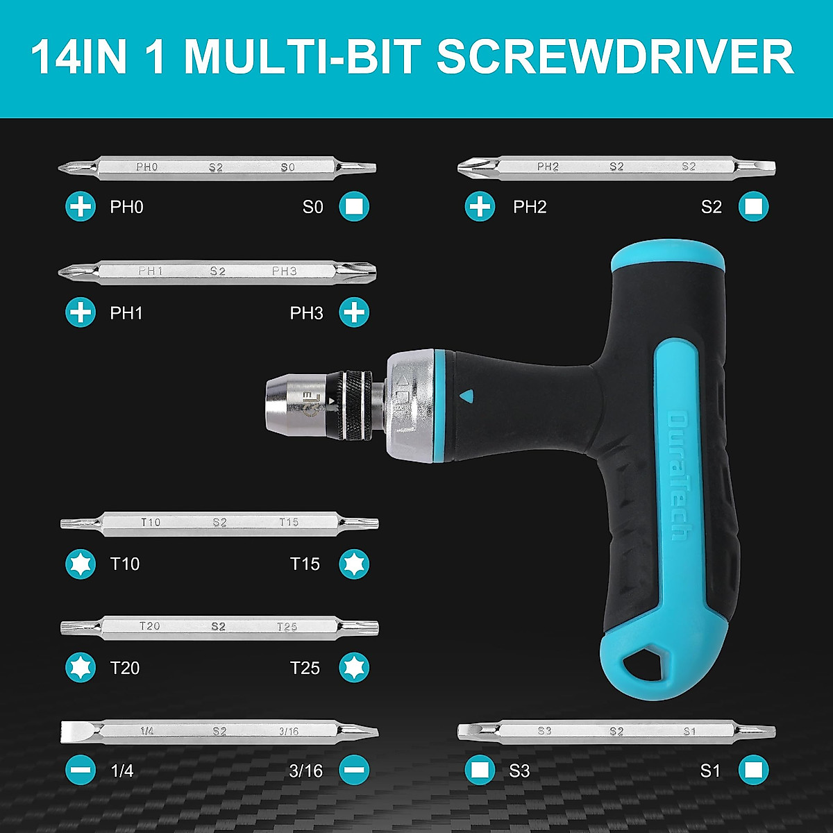 DURATECH 14-in-1 Screwdriver Set, Multi-Bit Ratcheting Screwdriver Set Tool All in One with Quick-load Mechanism, 7PCS Phillips, Slotted, Torx, Square S2 Steel Bits, T-Handle, for Outdoor & Daily Use