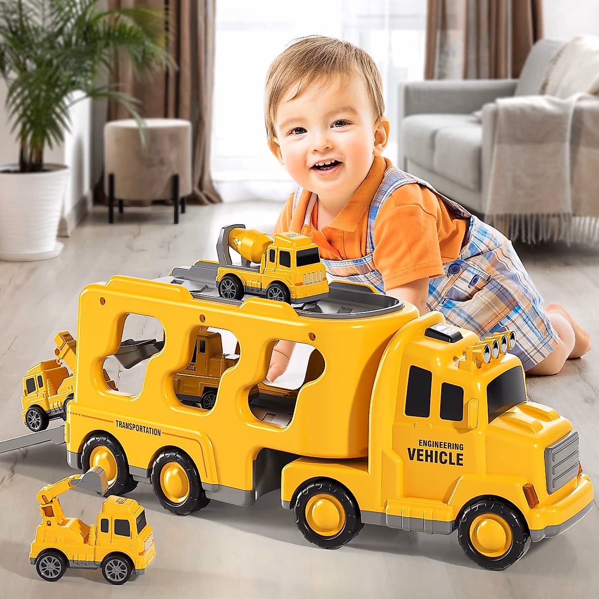 Construction Trucks Toddler Boy Toys Cars for Toddlers 1-3 - Kids Toys for 3 4 5 6 Years Old Boys Transport Vehicle Carrier Truck, Car Toys Set for Age 3-9, Christmas Birthday Gifts