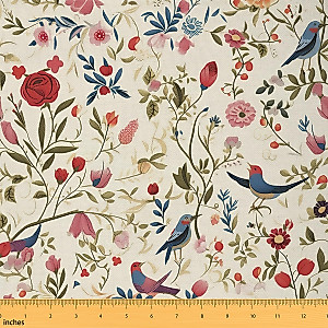 Colorful Floral Upholstery Fabric,Watercolour Birds Fabric by The Yard,Cartoon Animal Flower Pattern Decorative Fabric,Spring Garden Aesthetics Indoor Outdoor Fabric,Craft Patchwork DIY 2 Yards