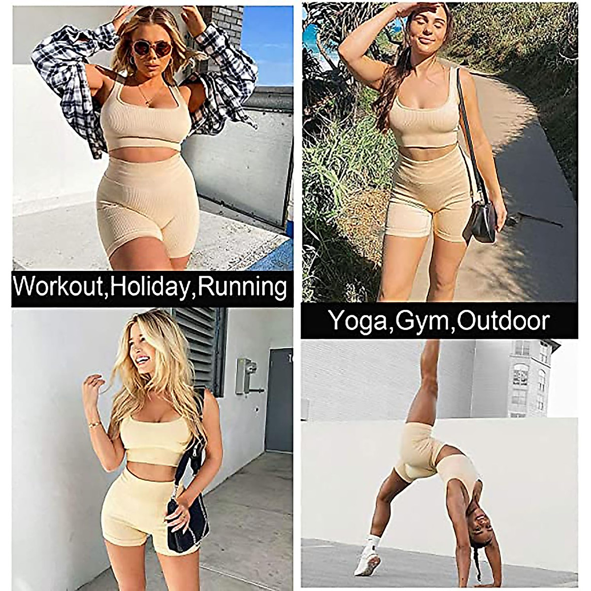 TWFRHC Women's Workout Sets Ribbed Tank 2 Piece Seamless High Waist Gym Outfit Yoga Shorts Sets