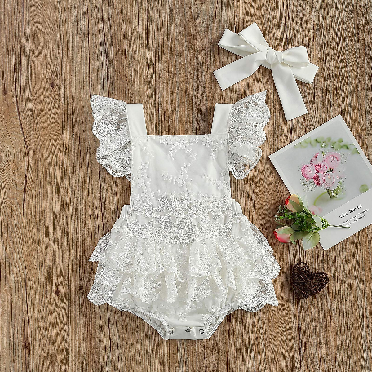 Newborn Baby Girl Romper Lace Tutu Dress Bodysuit Ruffle Sleeveless Jumpsuit with Headband Summer Outfits (White, 0-6 Months)