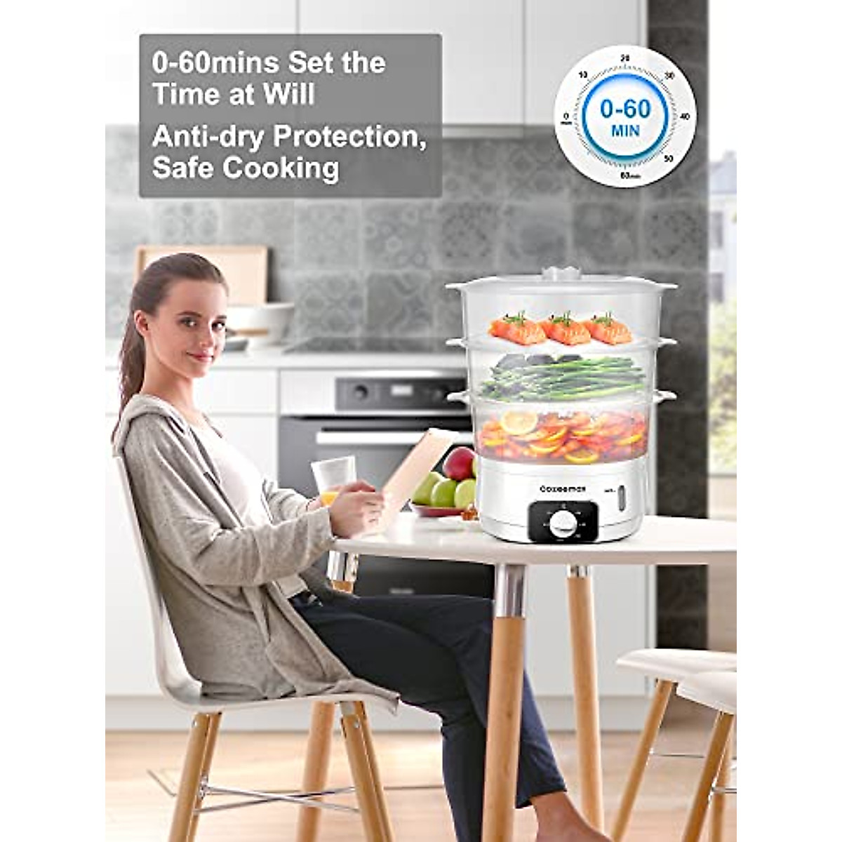 Cozeemax 3 Tier Electric Food Steamer for Cooking, 13.7QT Vegetable Steamer for Fast Simultaneous Cooking, Veggie Steamer, Food Steam Cooker, 60 Minute Timer, BPA Free Baskets, 800W(White)