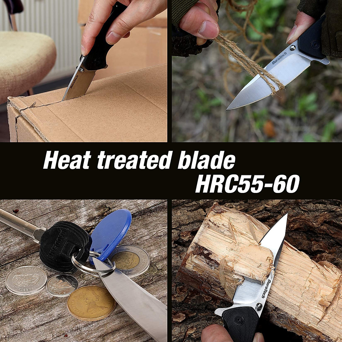 DURATECH Folding Pocket Knife, 3-1/4" Satin 8CR13MOV Blade, Black Smooth G10 Handle with Liner Lock Knife For EDC