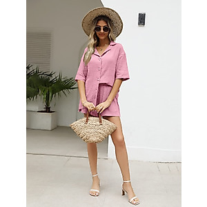 AUTOMET 2 Piece Sets For Women Lounge Wear Matching Two Piece Pajama Fashion Oversized Shirts And Shorts Spring Outfit 2025 Pink02 M