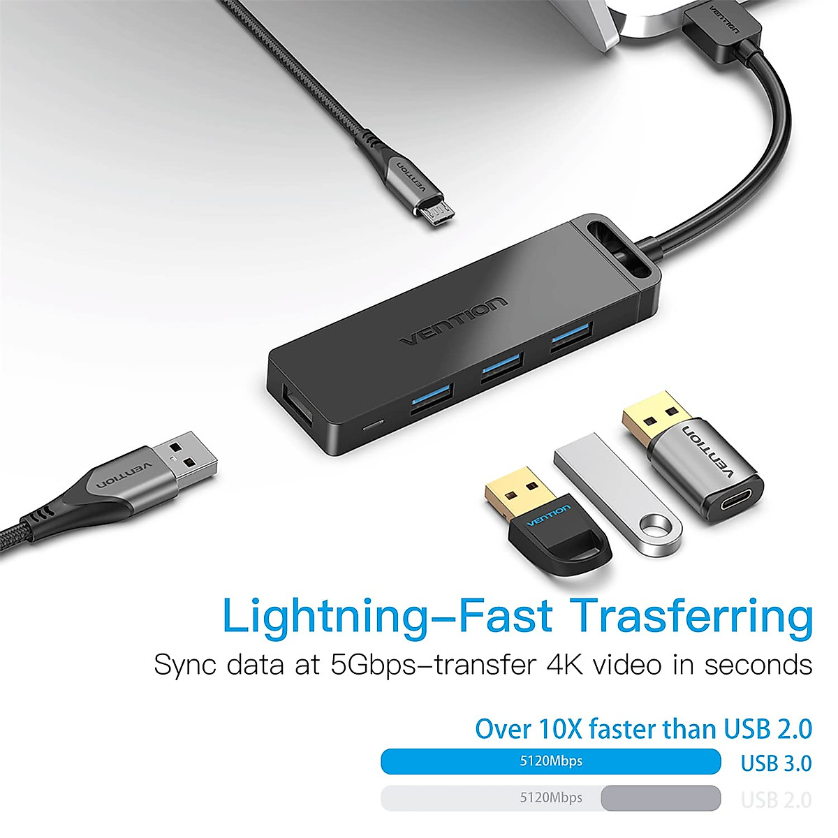 VENTION USB 3.0 Hub, 4 Ports USB Hub Ultra-Slim Data USB Hub 0.5FT Extended Cable [Charging Supported], Compatible with MacBook, Laptop, Surface Pro, PS4, PC, Flash Drive, Mobile HDD (0.15m/0.5ft)