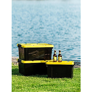 Cetomo Plastic Storage Bin Box Container Stackable with Lid and Secure Latching Buckles, Black, 40Qt x 4, Pack of 4