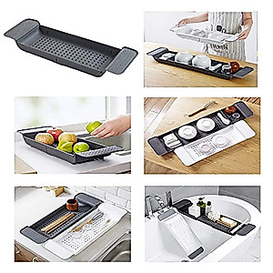 Expandable Bathtub Tray Drain Bath Caddy Tray Retractable Bath Caddy Tray Bathtub Storage Rack with Wine Glass Shelf Book Holder Candlestick Handle Dish Drain Rack