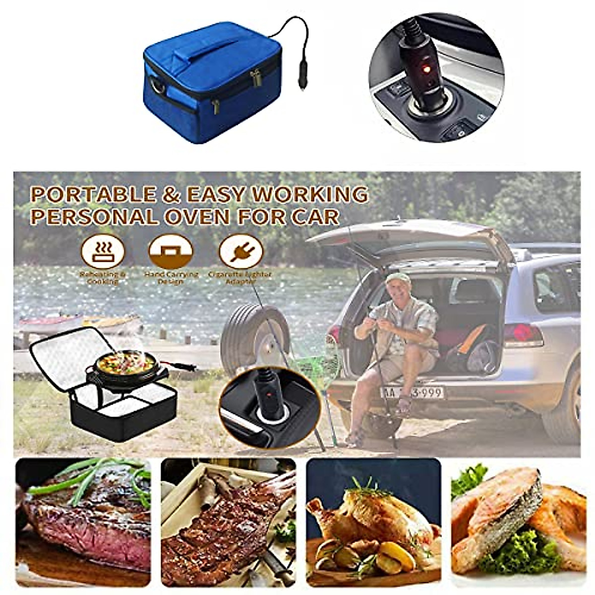 Portable Oven, 12V Car Food Warmer Portable Personal Mini Oven Electric Heated Lunch Box for Personal Microwave Tote Prepared Meals Reheat & Raw Food Slow Cooker ForTriping/Camping/Picnic(Blue)