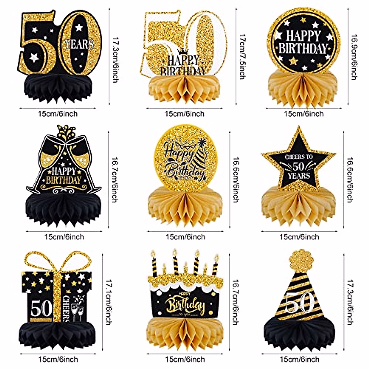 50th Birthday Decorations, Table Honeycomb Centerpiece, 50 Year Old Man and Woman Party Decorations Supplies, Honeycomb Decorations for for Man Women, Black and Gold Birthday Ornaments-9 Pieces