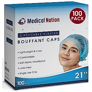 Medical Nation Hair Net, Disposable Pleated Hair Nets | Blue, 100 Count | Bouffant Hair Cap Hair Nets for Food Service, Medical Use - 21" Hairnets for Women & Men- Latex Free with Elastic Band - Blue