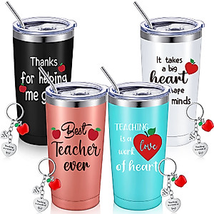 Yinder 8 Pcs Teacher Appreciation Gifts with 4 Pcs 12 oz Teacher Tumbler Stainless Steel Mug with 4 Heart Keychain for Teacher Week, Thank You Gifts End of the Year Teacher Mug for Women Men(Apple)