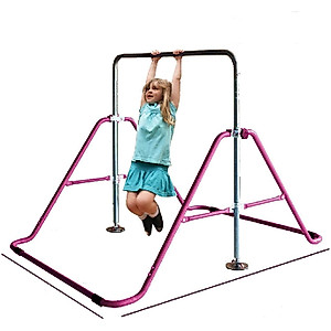Kids Home Gymnastics Bar Jungle Gym 3 in 1 Set Deluxe Swing Seat, Trapeze Rings, Horizontal Kip Bar Height Adjustable Monkey Bar, Expandable Junior Training Gymnastic Balance Bar, Swing Set (Pink)