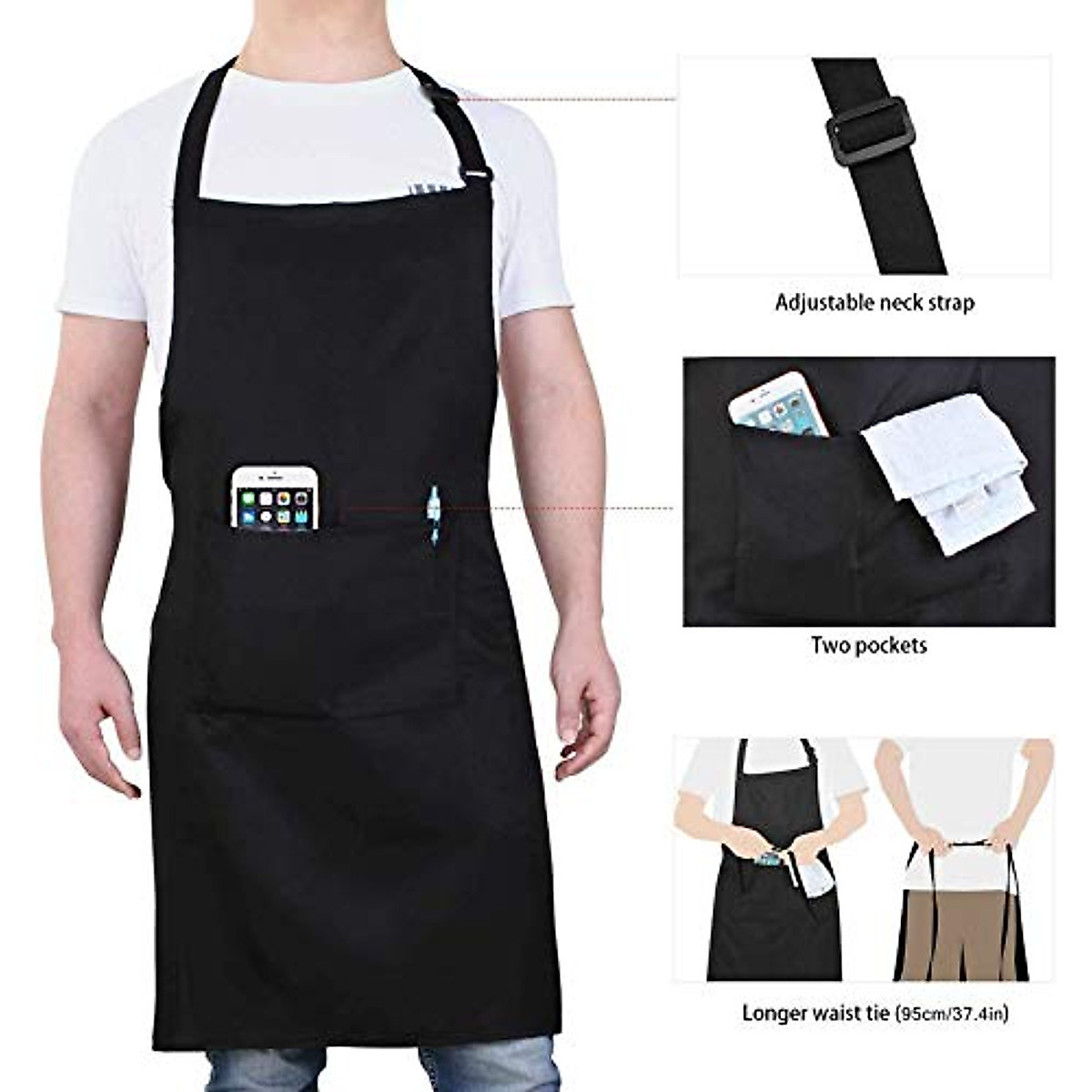Will Well Chef Apron for Men Professional - Cooking Aprons for Women With Pockets - Adjustable Black Aprons for Men - Bib Aprons With Pockets Water & Oil Resistant - 1 Pack