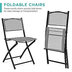 Best Choice Products 3-Piece Patio Bistro Dining Furniture Set w/Textured Glass Tabletop, 2 Folding Chairs, Steel Frame, Polyester Fabric - Gray