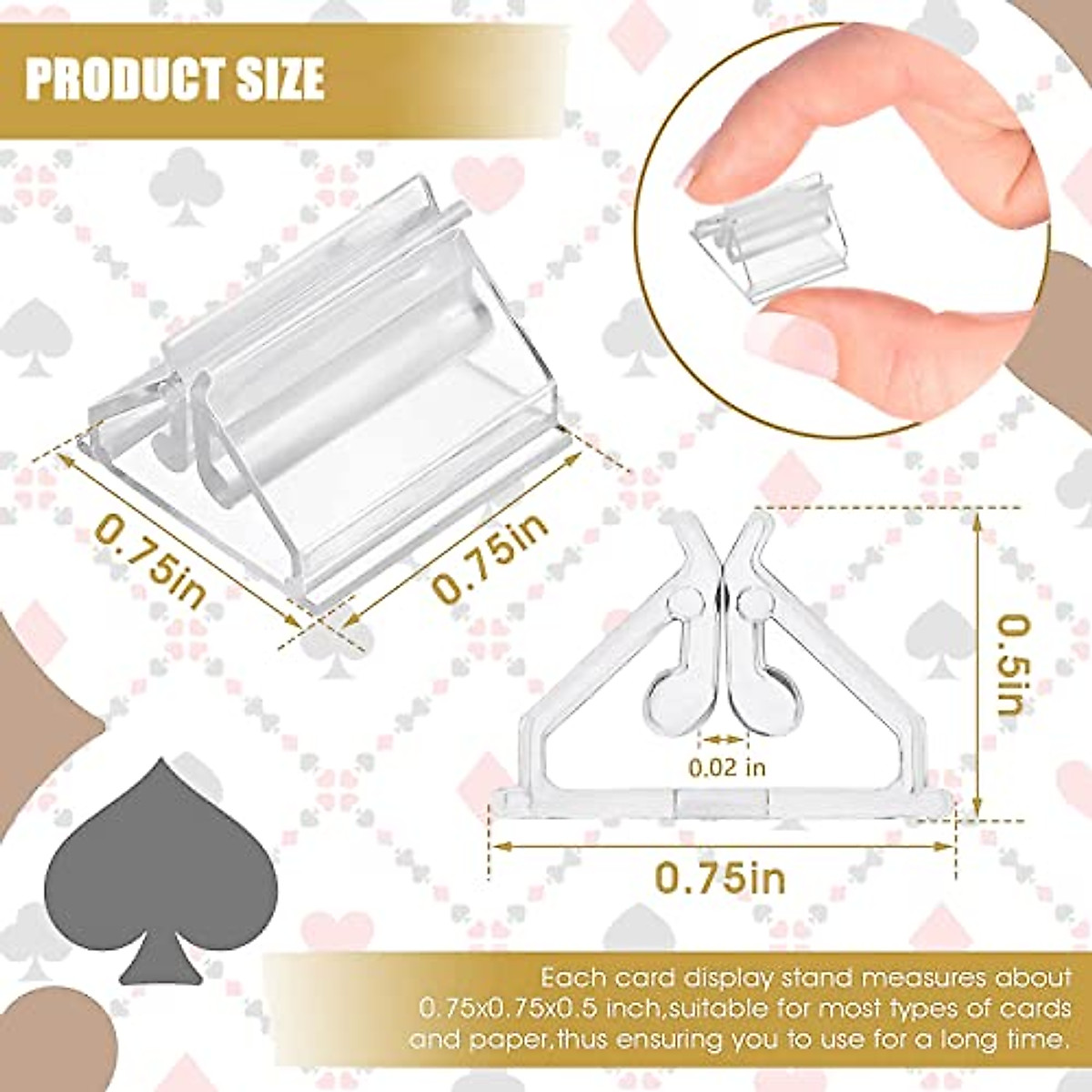 Table Number Place Card Playing Card Holders 60 Pack, Clear Acrylic Business Card Holder Stand for Display Paper Game Piece Pictures Clip Price Board Photos Memos Menus Labels Stand Party, 0.75in