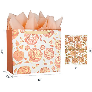 DecorWoo 13" Rose Gold Large Gift Bag with Card and Tissue Paper, Foil Flowers Gift Bag for Birthdays, Bridal Showers, Mothers day, Anniversaries, Weddings