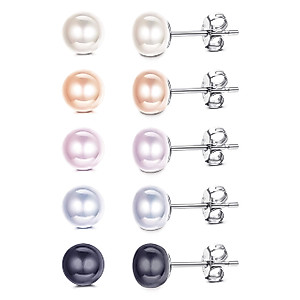 Milacolato 5 Pairs Pearl Stud Earrings for Women | Genuine Freshwater Cultured Pearl Earrings Set 18K White Gold Plated Sterling Silver Stud Earrings | Wedding Bridal Earrings