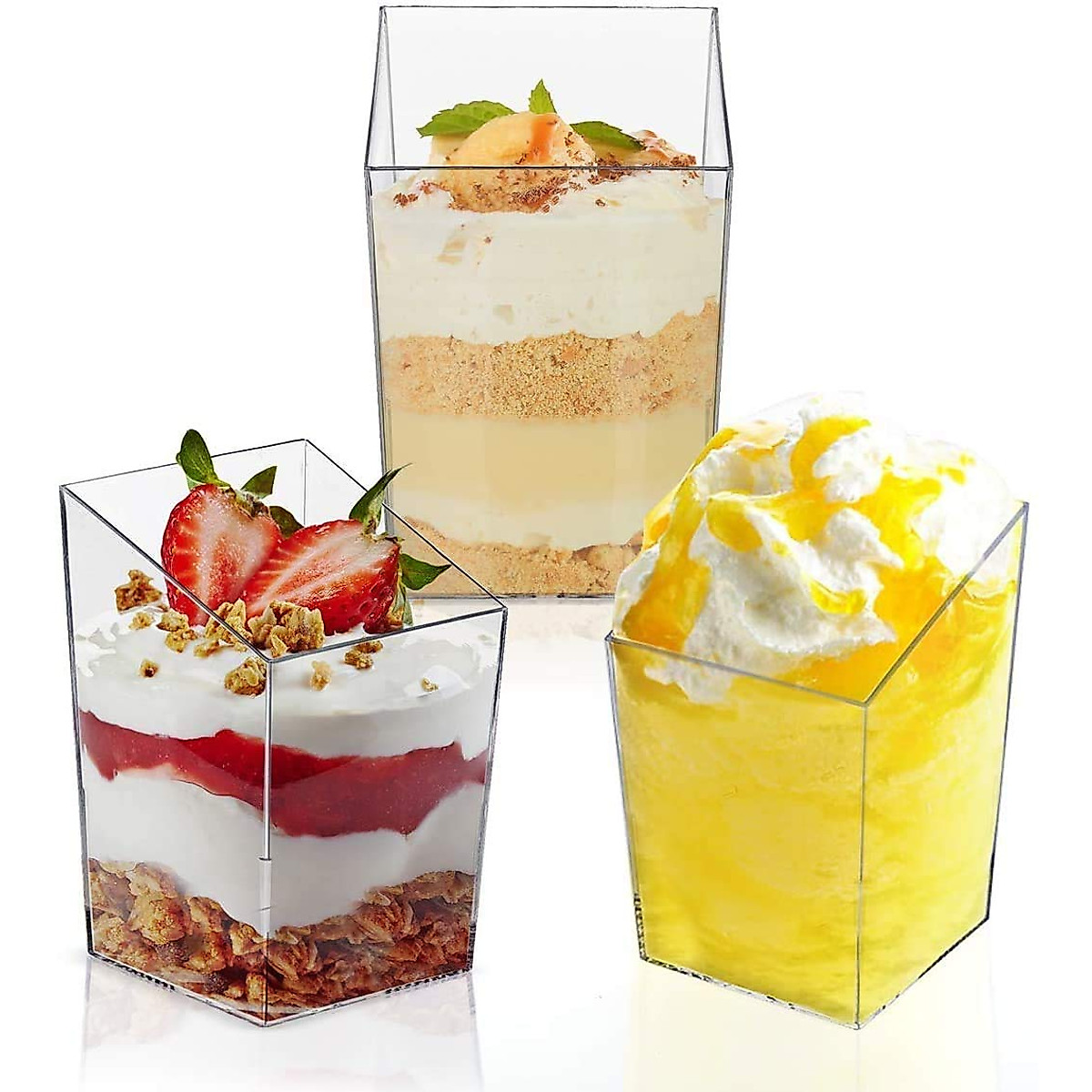 3 Oz 90ml Clear Square Dessert Cups with Spoons Plastic Dessert Cake Snack Bowl Disposable Ice Cream Dessert Bowls Dessert Cups Tasting Sample Cup Serving Salad Bowl Party Favor Cups,Pack of 24