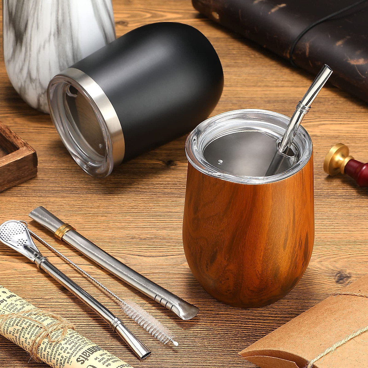 3 Packs Mate Cup and Bombilla Set, Including 12 oz Yerba Mate Cup Stainless Steel Double Walled Mate Tea Cup with Lid, Bombilla Yerba Mate Straw and Cleaning Brush for Yerba Mate, Tea, Coffee, Drinks