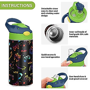 GOODOLD Cartoon Gamepad Kids Water Bottle, Insulated Stainless Steel Water Bottles with Straw Lid, 12 oz BPA-Free Leakproof Duck Mouth Thermos for Boys Girls