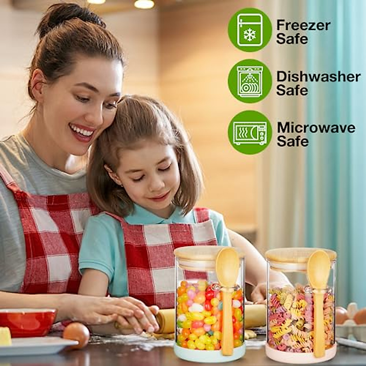 Qipecedm Set of 2 Glass Jars Containers with Bamboo Airtight Lids & Spoons, 17 oz Borosilicate Glass Jars, Clear Food Storage Canister for Cookie, Candy, Coffee, Sugar, Matcha Tea, Flour, Nuts & More