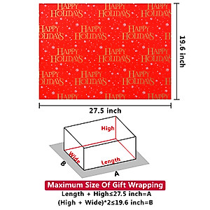 LeZakaa Christmas Gift Wrapping Paper - 12 Folded Sheet with 4 Different Christmas Design in Red (Snowflake, Tree, Dot, Happy Holiday Lettering)- 27.5 x 19.6 inches Per Sheet