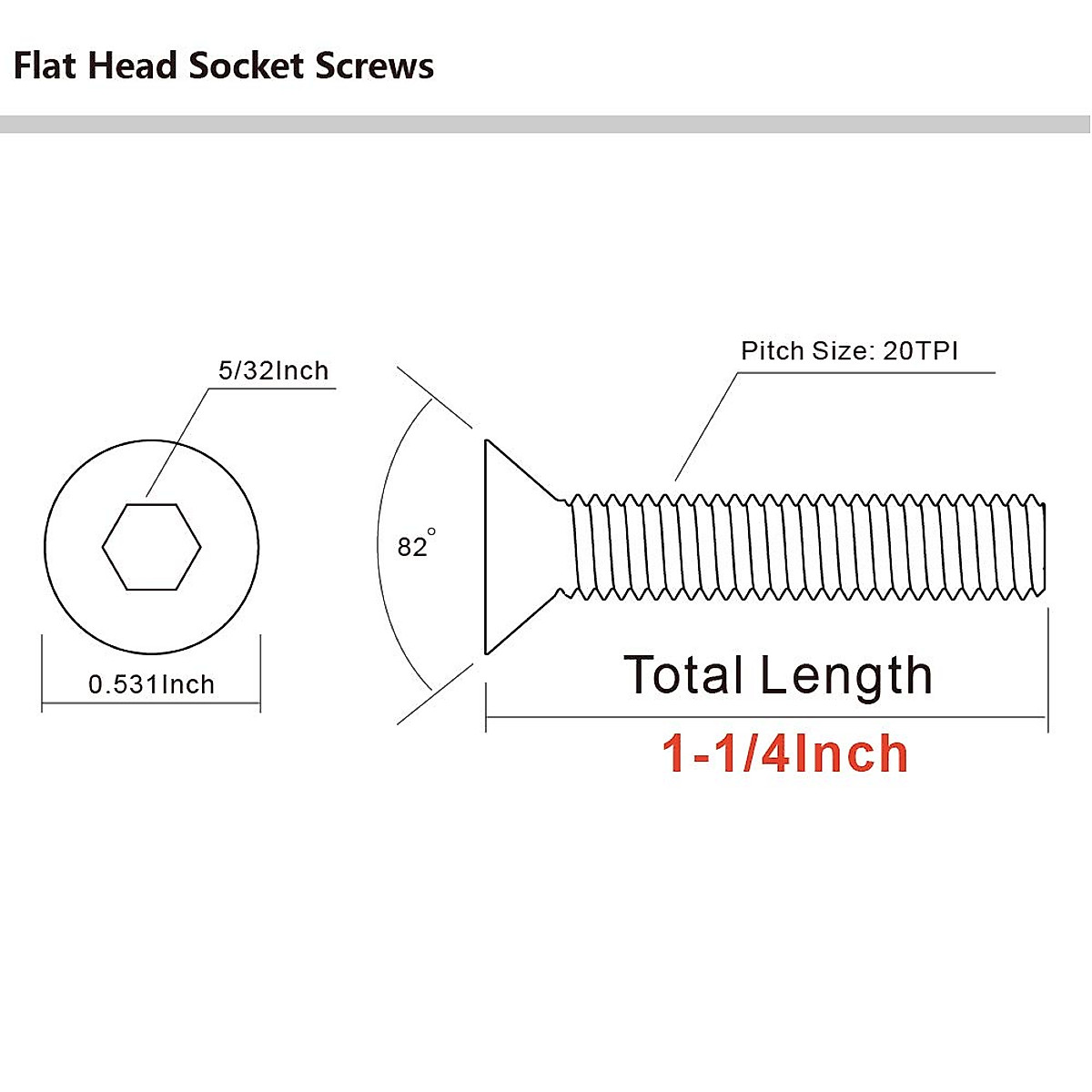1/4-20 x 1-1/4" Flat Head Socket Cap Screws, Allen Socket Drive, Stainless Steel 18-8 (304), Full Thread, Bright Finish, 25 PCS