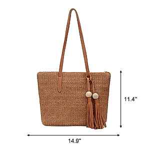 QTKJ Women Summer Straw Beach Bag Handwoven Big Tote Leather Shoulder Bag Handbag with Beaded Tassel Decorate (Brown)