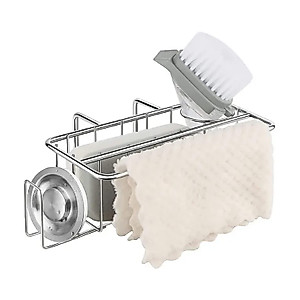 VIGOR PATH 4-in-1 Kitchen Sink Sponge Holder with Brush Holder, Dish Cloth Hanger, and Sink Plug Bracket - 304 Stainless Steel (Silver)