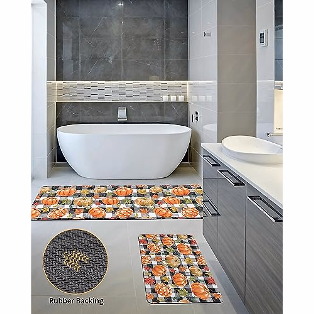 Buffalo Plaid Pumpkins Bath Mat for Tub,Non Slip Bathroom Floor Runner Rug Quick Dry & Absorbent Diatomaceous Earth Shower Sink Kitchen Doormat,Thanksgiving Fall Leaves Black White 20x24+20x48