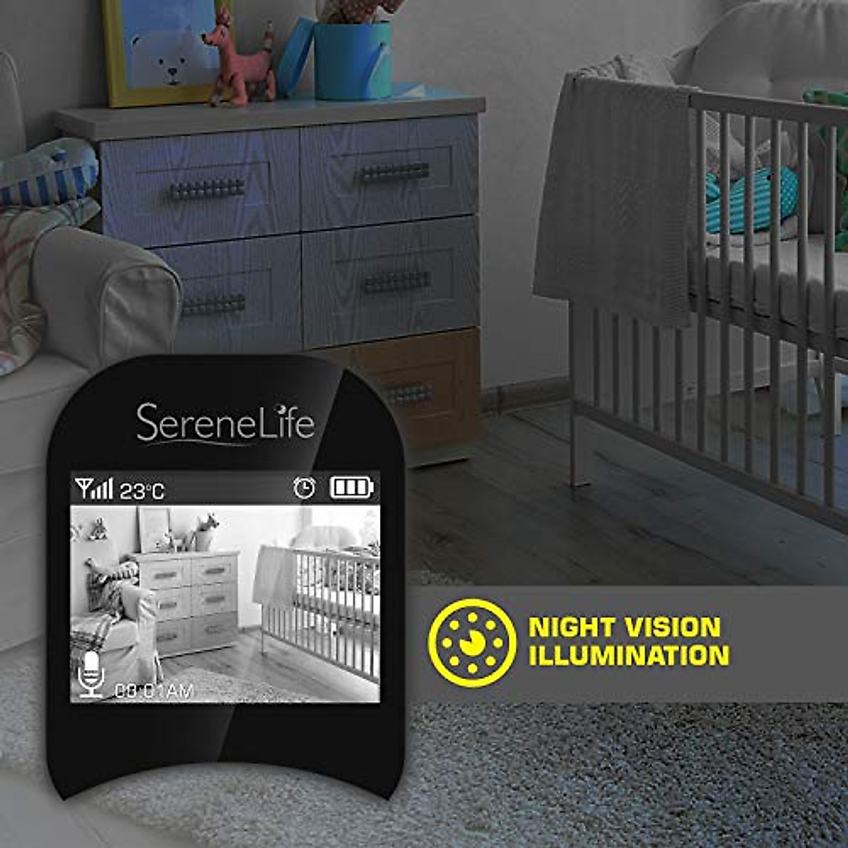 SereneLife Video Baby Monitor Long Range - Upgraded 850’ Wireless Range Camera, Night Vision, Temperature Monitoring and Portable 2” Color Screen - Serenelife SLBCAM11 (Grey)