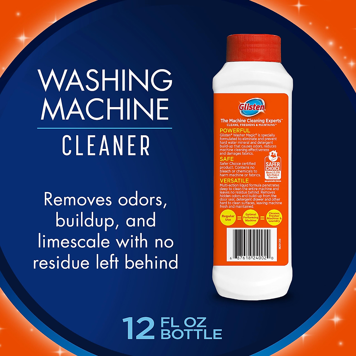 Glisten Washing Machine Cleaner, Helps Remove Odor, Buildup, and Limescale, Fresh Scent, 12 Ounce Bottle