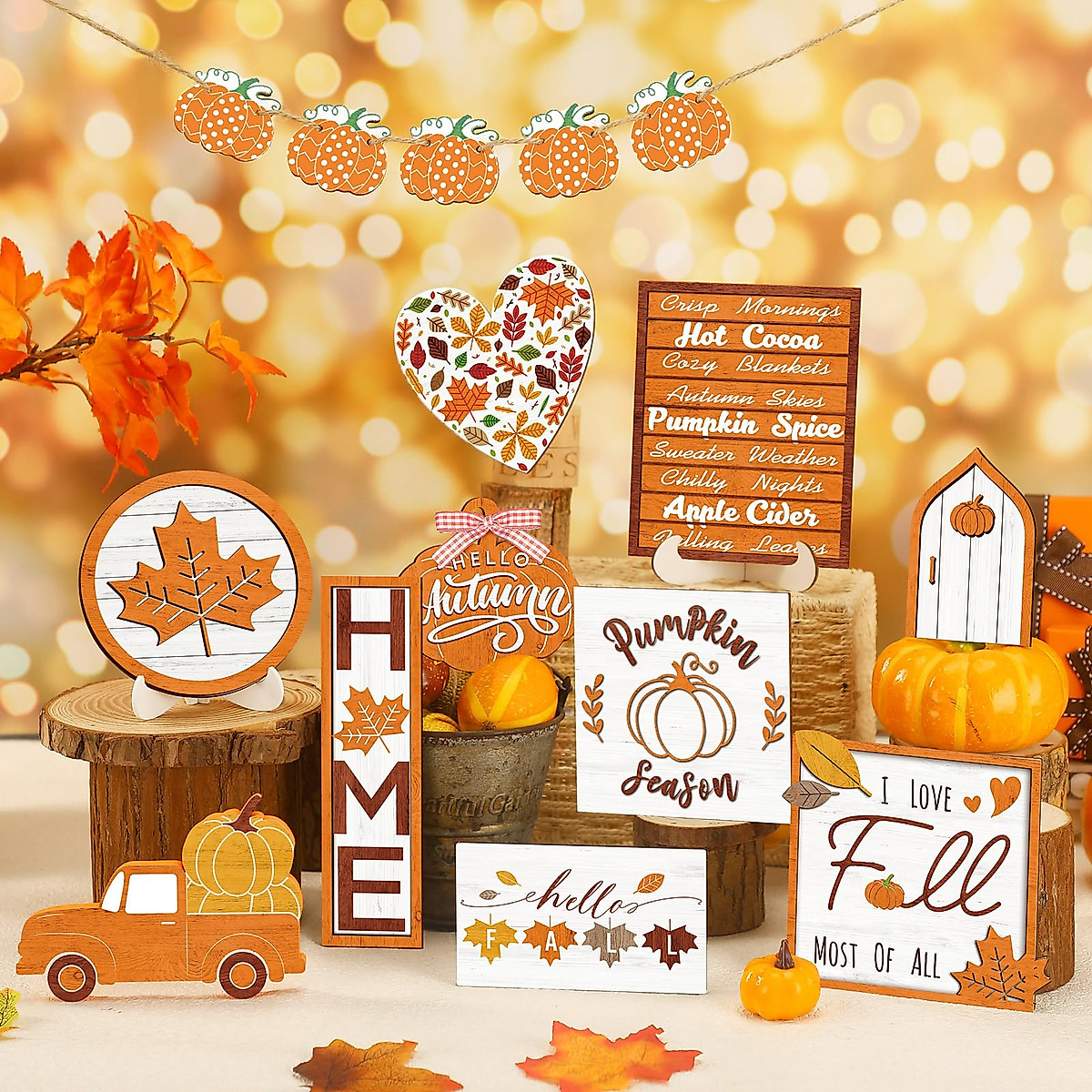 Amyhill 15 Pcs Thanksgiving Tiered Tray Decor Set Fall Tiered Tray Decor Rustic Pumpkin Maple Leaf Truck Table Centerpieces Harvest Wood Blocks Signs for Home Fall Decorations