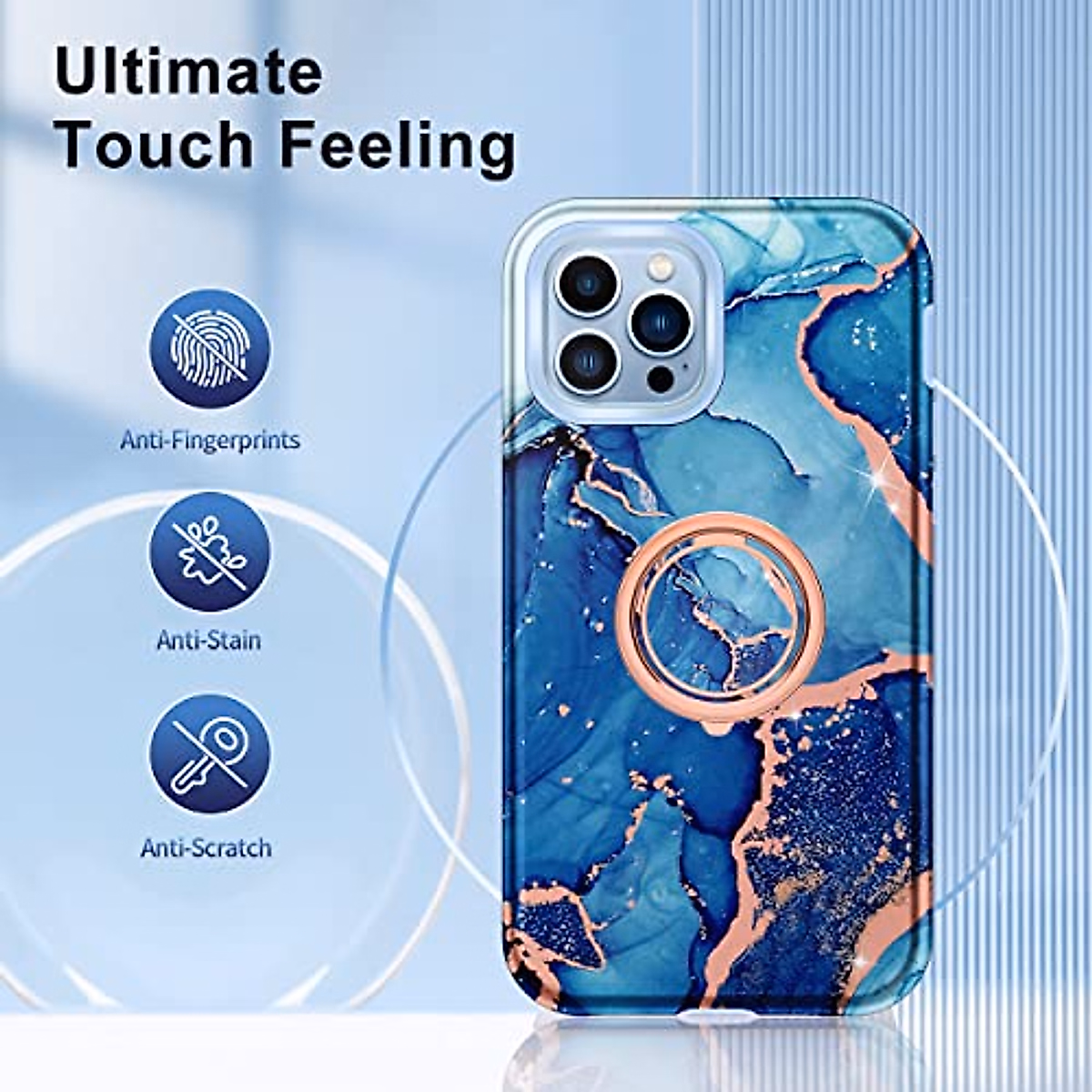 Hekodonk iPhone 13 Pro Max Case - Heavy Duty, Rotating Ring Kickstand, Tempered Glass Protector, Shockproof, Blue Marble