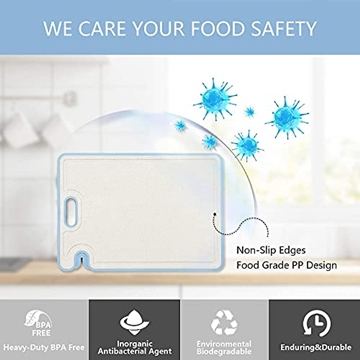 PICKWILL Plastic Cutting Board Set, Plastic Chopping Boards for Kitchen with Knife Sharpener, BPA Free Cutting Boards with Juice Grooves Easy-Grip Handle, Non-Slip, Non-Porous, Dishwasher Safe