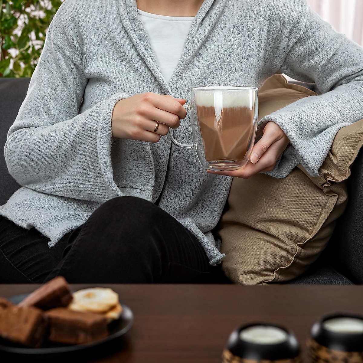 Double Wall Glass Coffee Mugs 16 oz - Large Clear Set of 2 - Patent Pending Geometric Modern Novelty Design - Insulated & Double Walled Glass Coffee Mugs. Ideal for Latte & Cappuccino