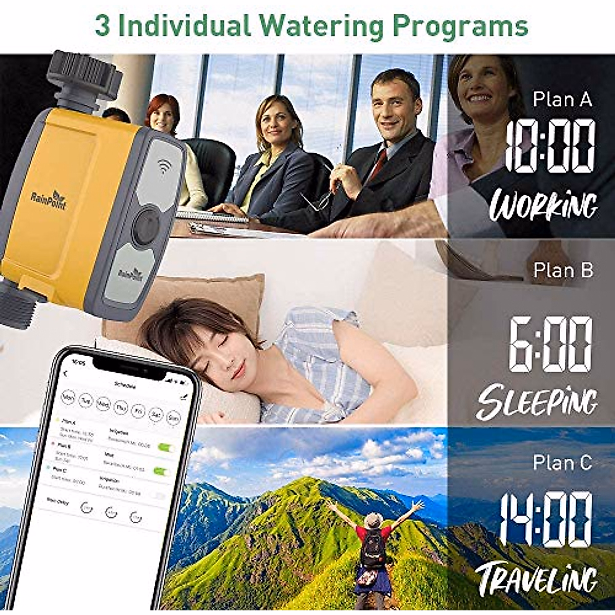 RAINPOINT Sprinkler Timer with Wi-Fi Hub, Smart Watering Timer Programmable Water Timer Hose Faucet Timer, Wireless Remote Control Irrigation System with Water Flow Meter, for Outdoor Yard, Garden