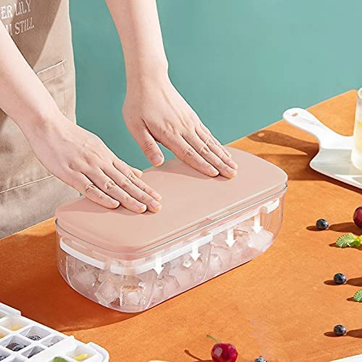 LittleStar Ice Tray with Lid and Bin-Updated Press Plate Easy Release Ice Cubes Double Layers Ice Makers For 48pcs Ice Cubes BPA Free (Pink)
